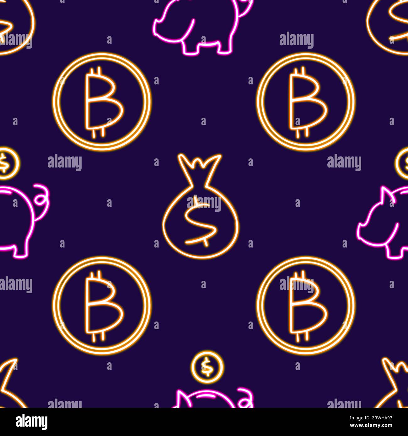 Neon Finance Seamless Pattern, Piggy Bank Illustration, Bitcoin Coin ...