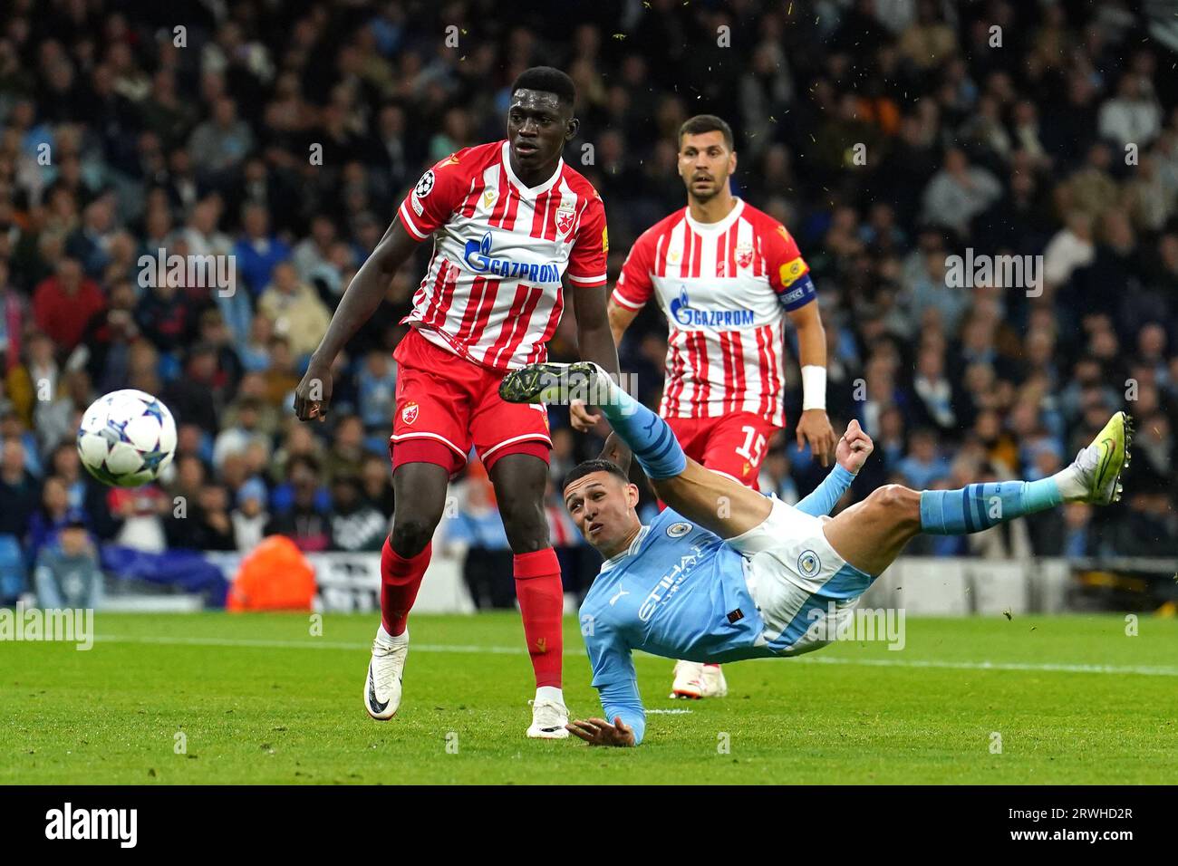 Manchester City's Phil Foden attempts an overhead shot during the UEFA ...
