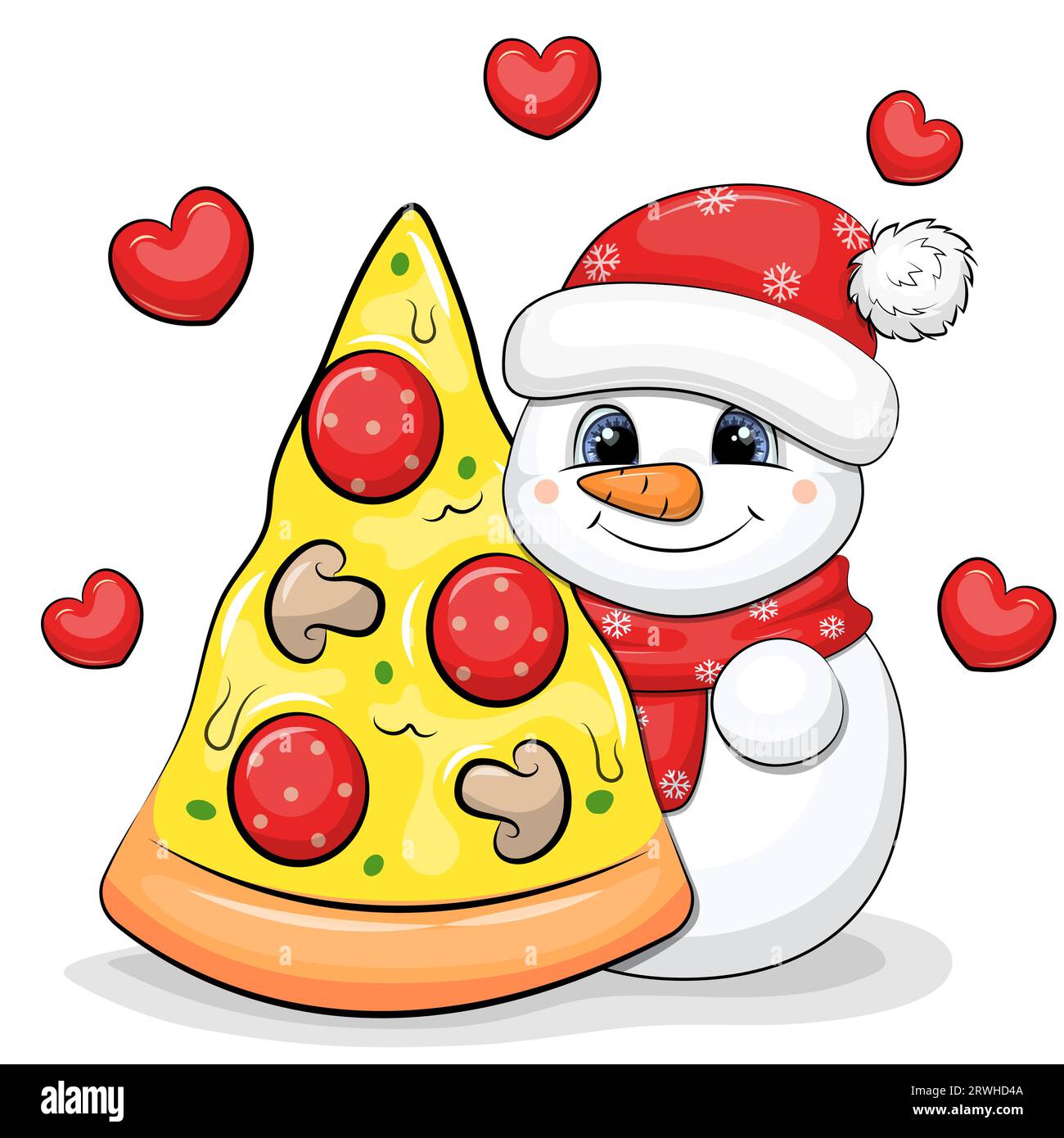 Cute cartoon snowman with a big piece of pizza. Vector illustration of ...