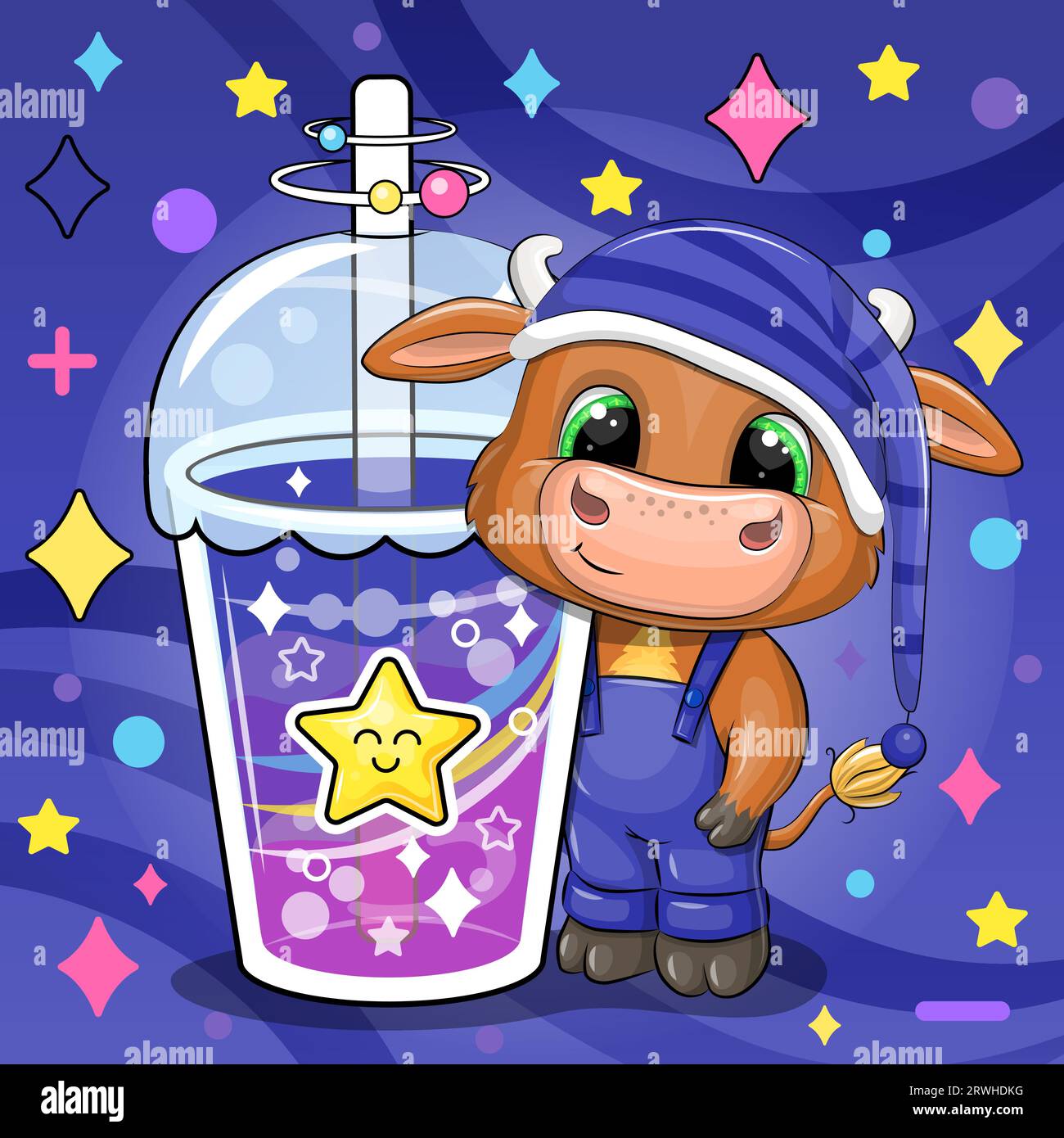 Cute cartoon bull with blue nightcap and star drink. Vector ...