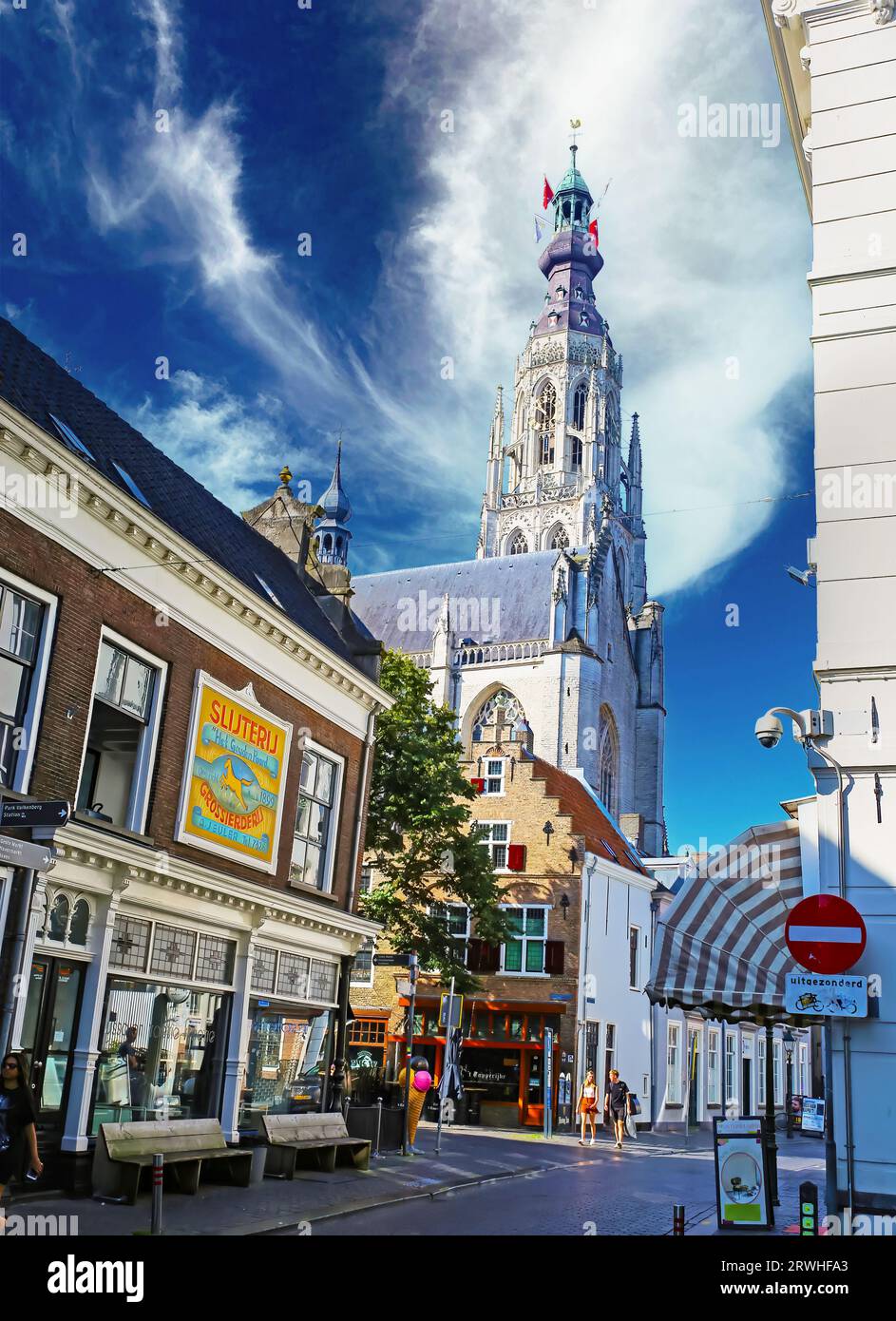 Breda, Netherlands - August 30. 2023: Dutch shopping street in historic ...