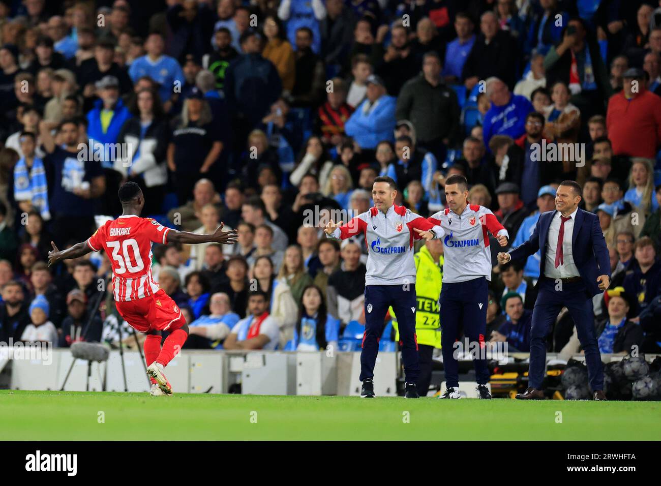 Osman Bukari #30 of Red Star Belgrade celebrates scoring to make it 0-1 ...