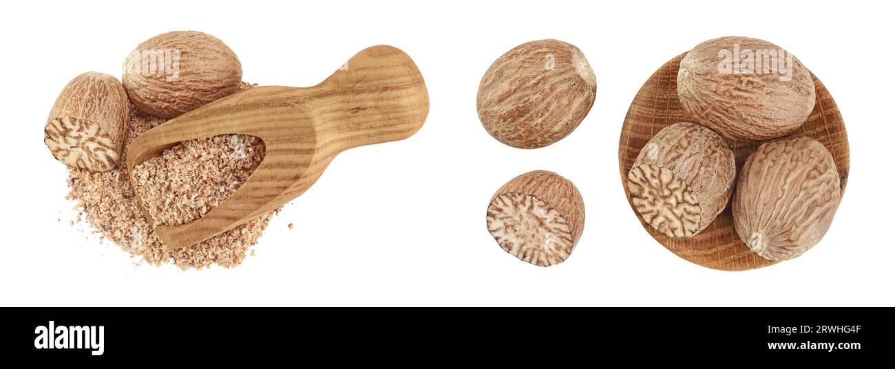 Whole and grated nutmeg in wooden scoop isolated on white background ...