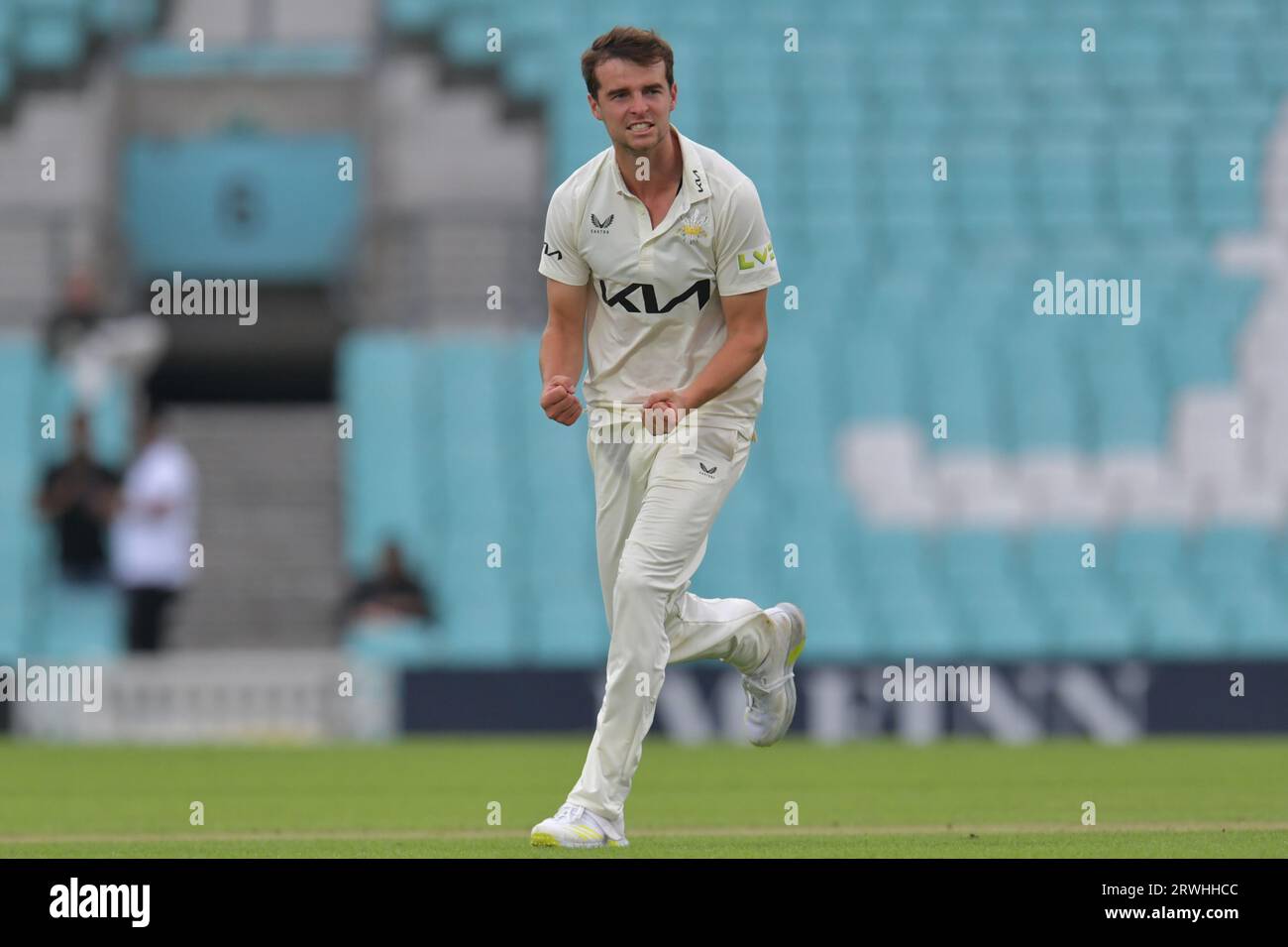 London, England. 19th Sep 2023. Tom Lawes of Surrey celebrates taking ...