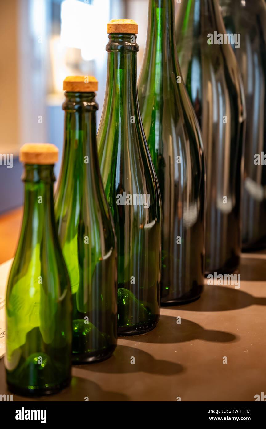Different sizes of champagne bottles, traditional making champagne ...