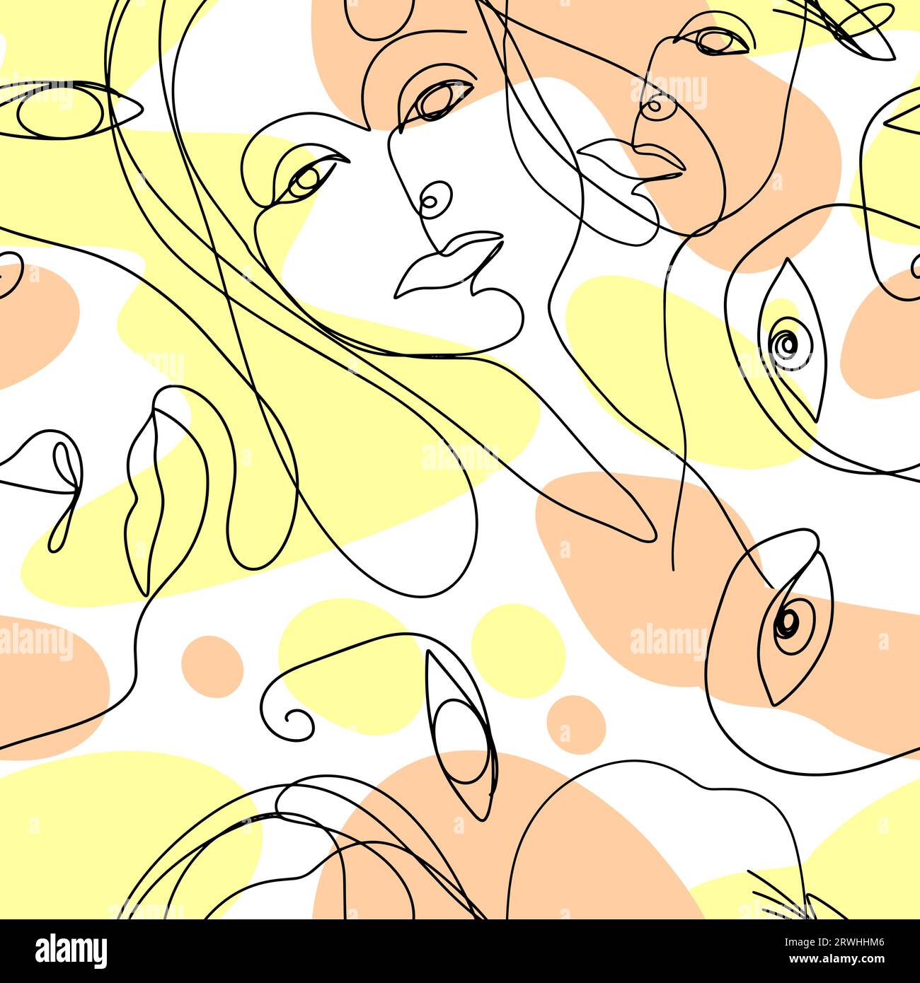 Elegant abstract seamless pattern with famale faces drawn one line on ...