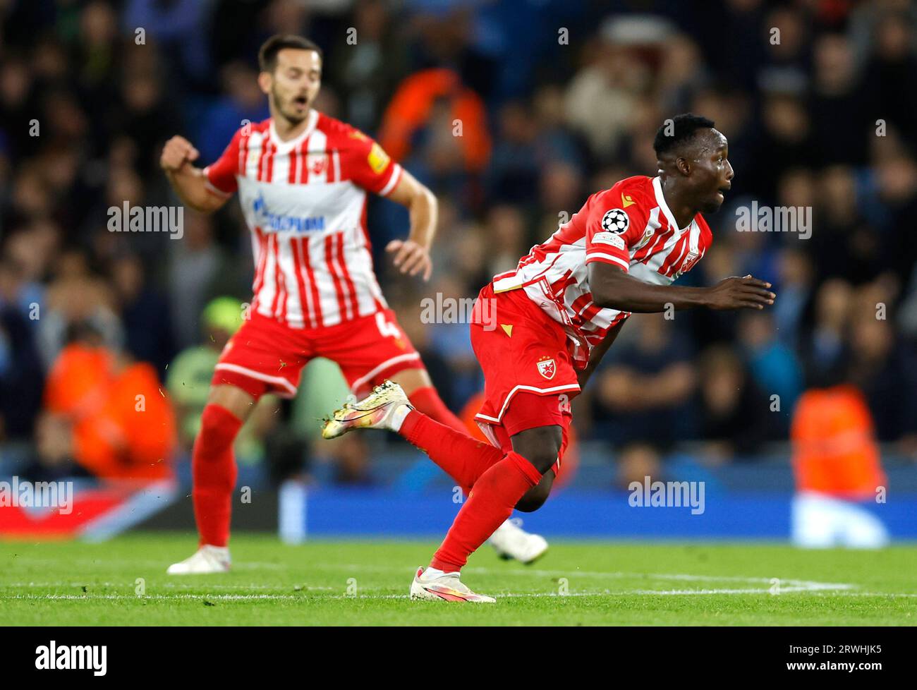 Red Star Belgrade's Osman Bukari (right) celebrates scoring their side ...