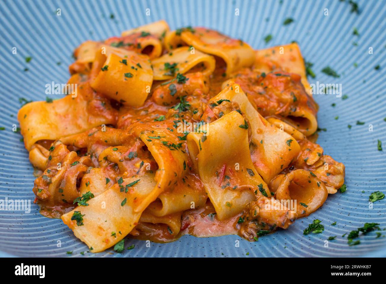 Classic pasta called Calamarata with seafood. Photo of a plate with ...