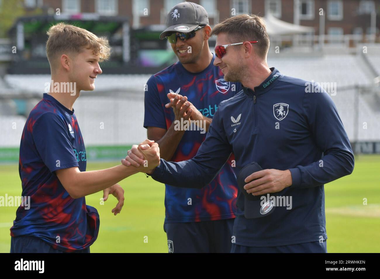 London, England. 11th Aug 2023. Jaydn Denly is presented with his Kent ...