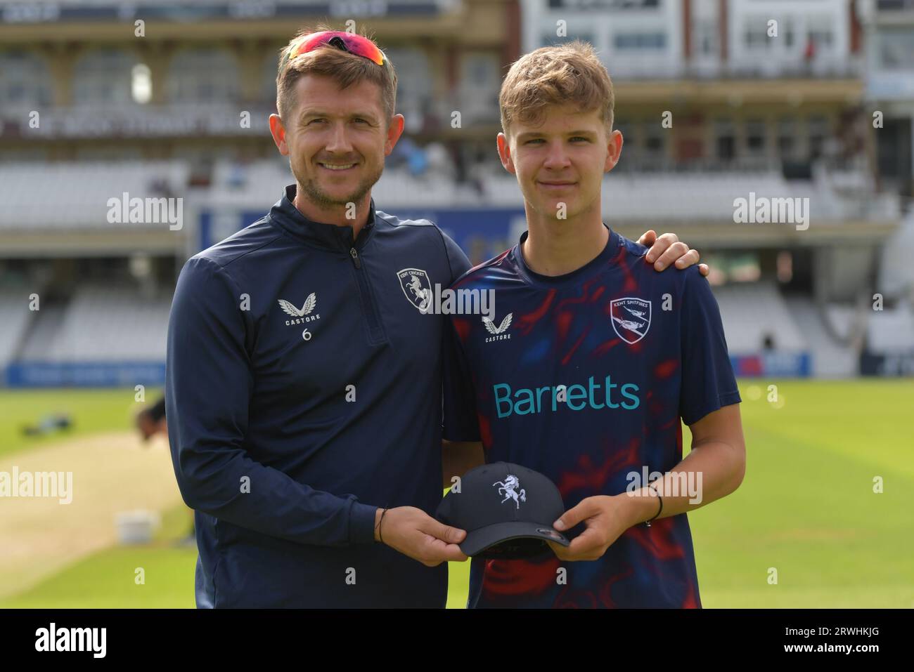 London, England. 11th Aug 2023. Jaydn Denly is presented with his Kent cap by Joe Denly before ...