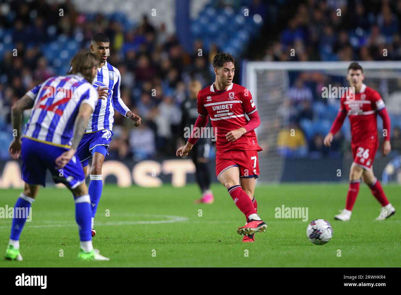Hayden Hackney #7 of Middlesbrough passes the ball during the Sky Bet ...