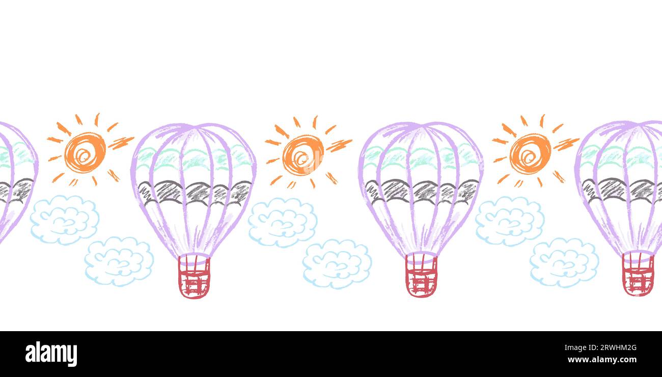 Balloon Festival. Childish seamless border. Drawings with wax crayons ...