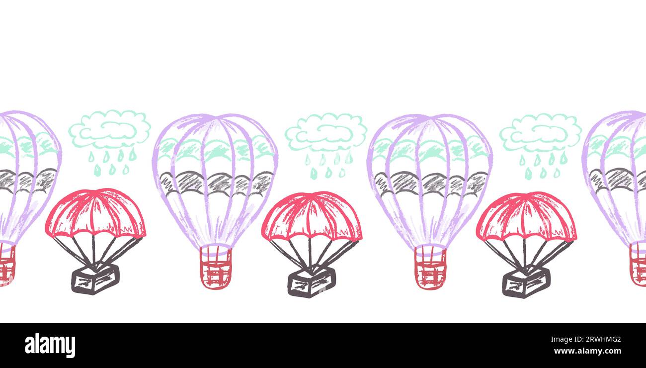 Balloon Festival. Childish seamless border. Drawings with wax crayons ...