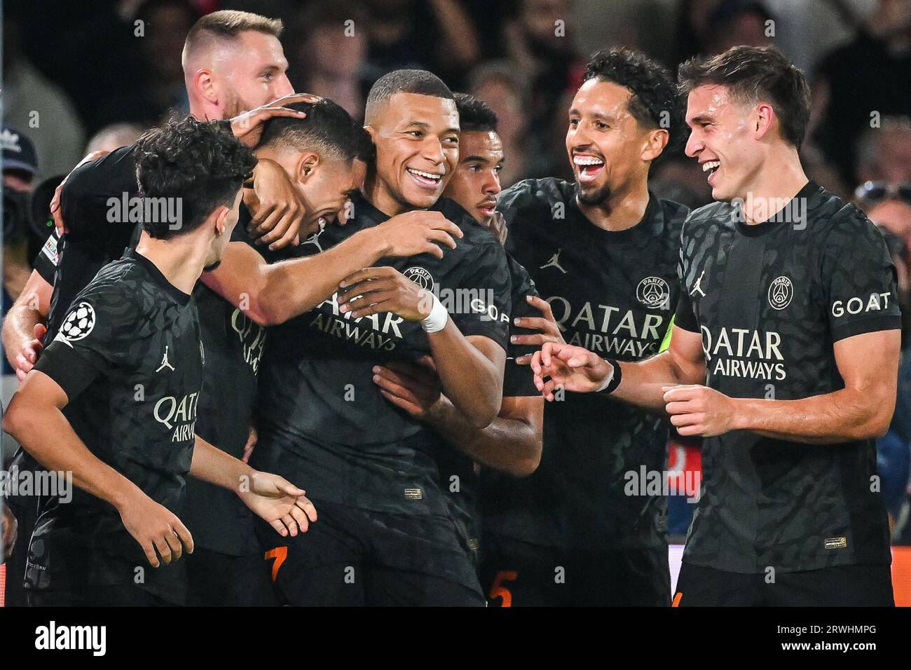 Achraf HAKIMI of PSG celebrate his goal with teammates during the UEFA ...