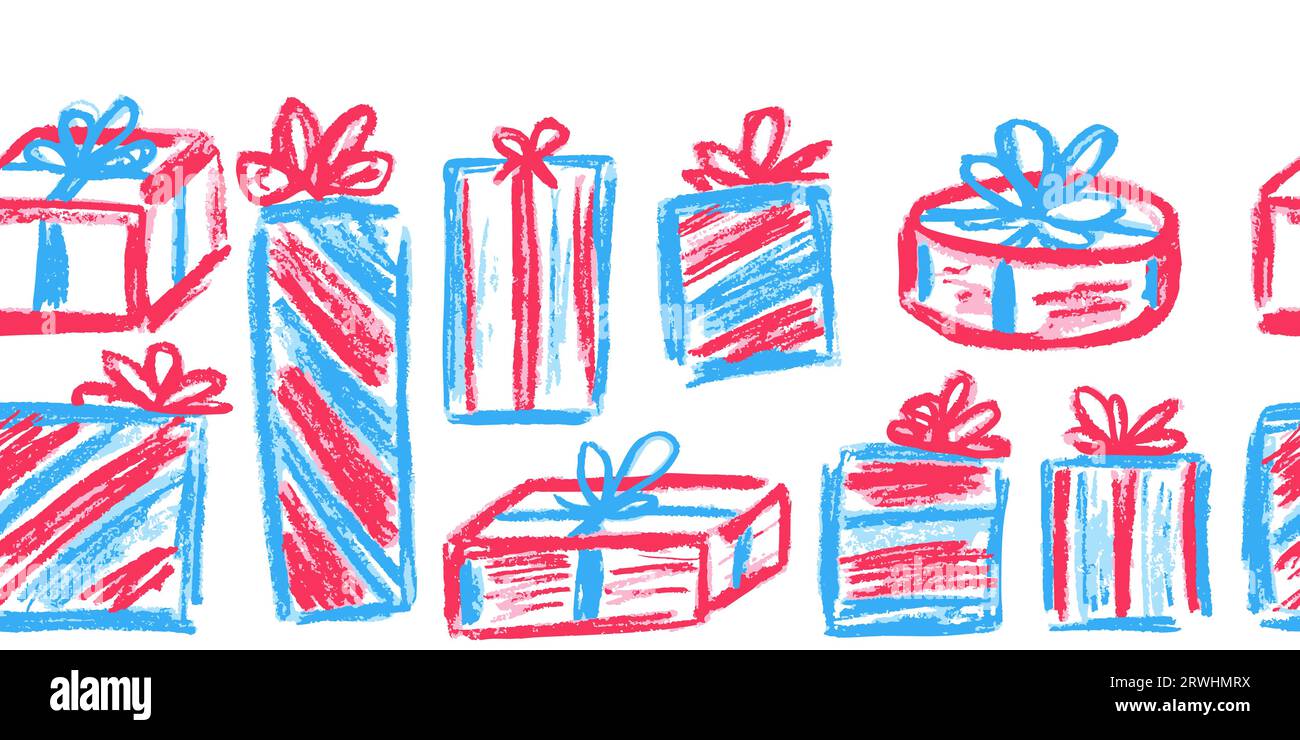 Seamless border. Gifts, present. Drawings with wax crayons. Vector ...