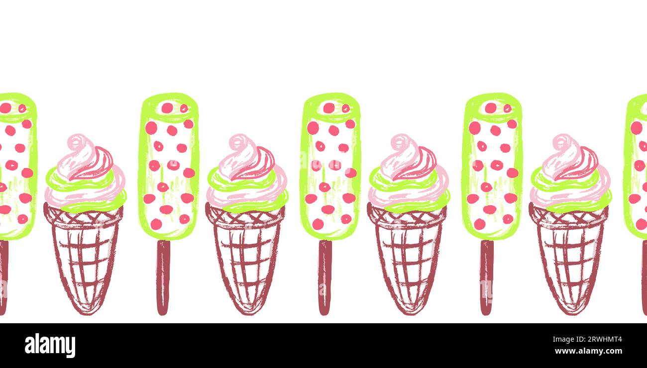 Sweet seamless border. Ice cream. Drawings with wax crayons. Vector ...