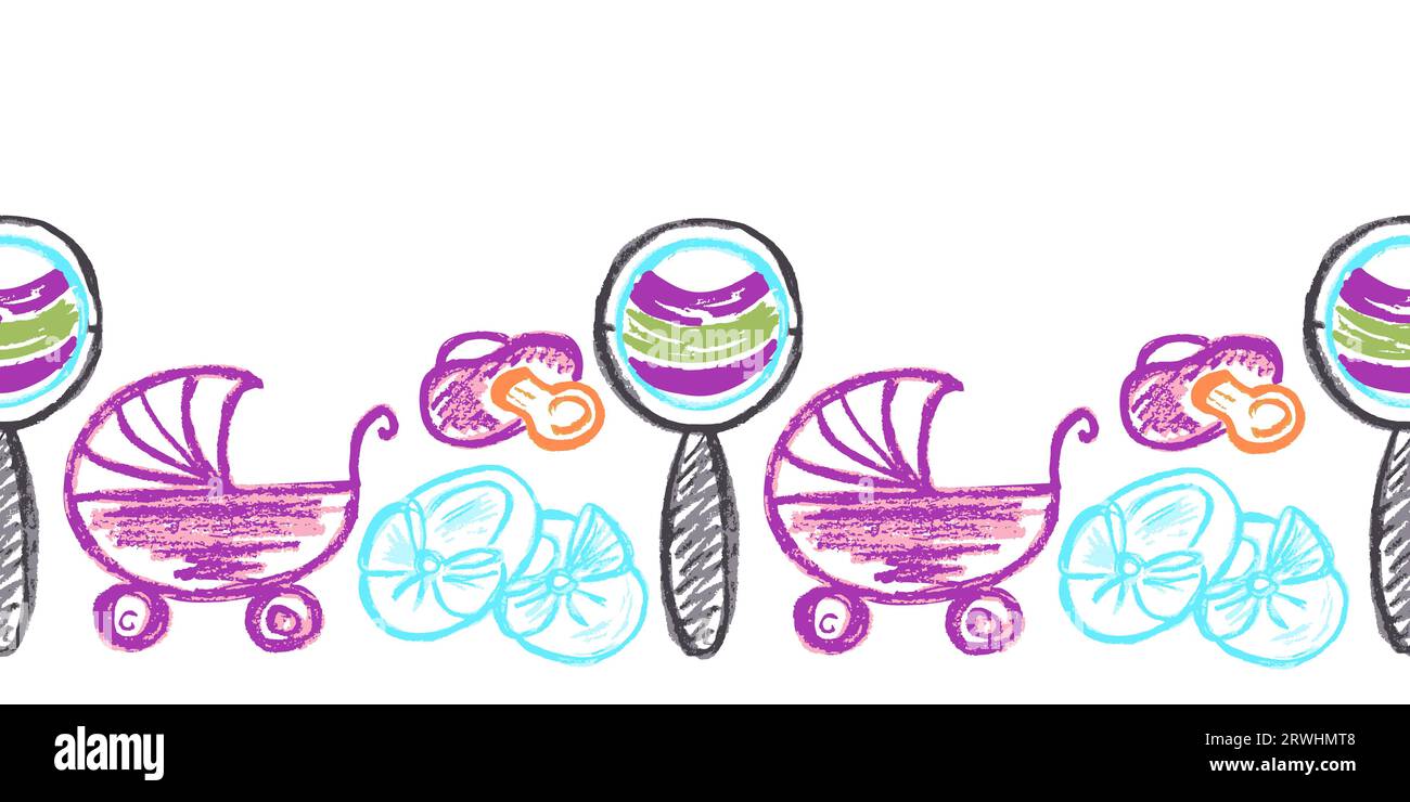 Newborn, stroller, pacifier. Childish seamless border. Drawings with ...