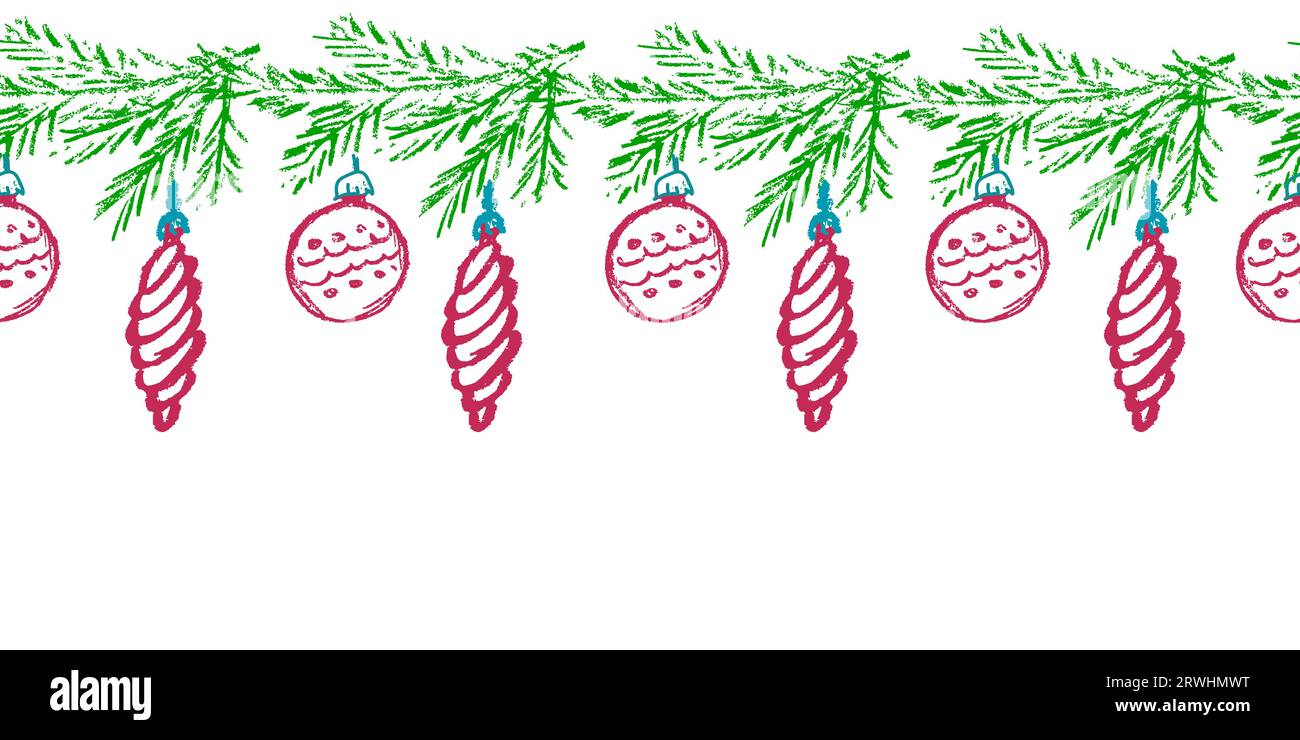 Seamless border. Christmas tree branches with decorations. Drawings ...