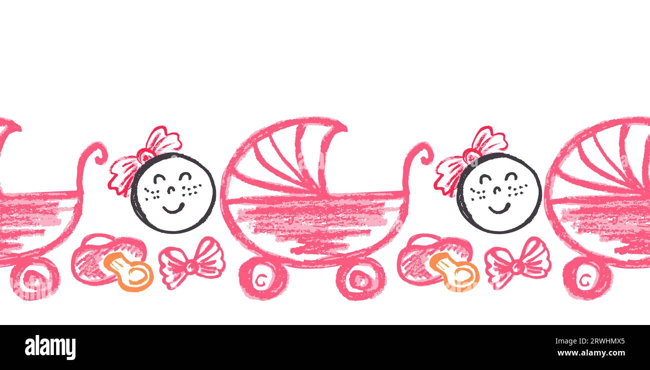 Newborn, stroller, pacifier. Childish seamless border. Drawings with ...