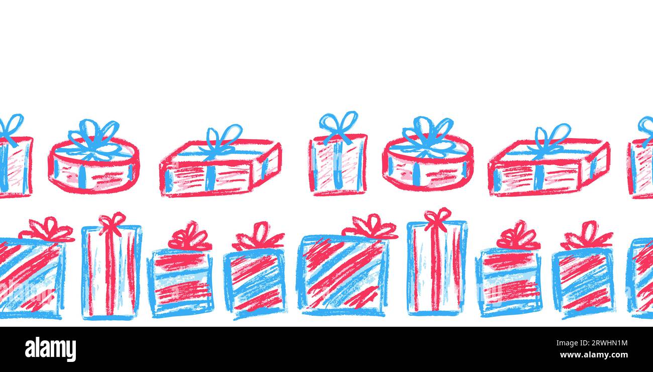 Seamless border. Gifts, present. Drawings with wax crayons. Vector ...