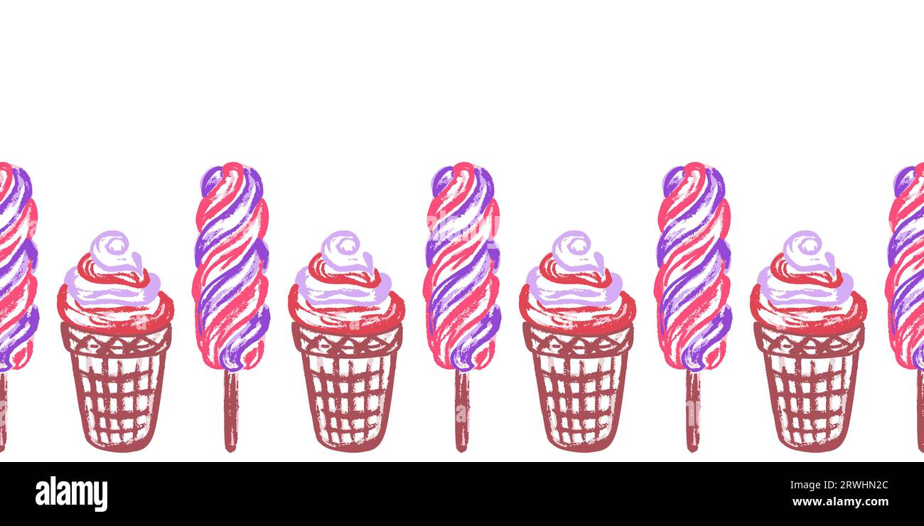 Sweet seamless border. Ice cream. Drawings with wax crayons. Vector ...