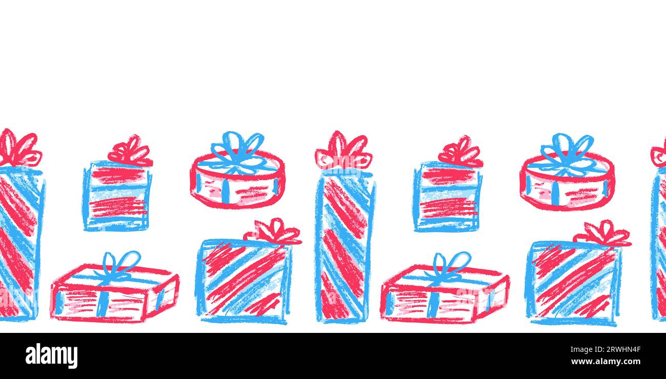 Seamless border. Gifts, present. Drawings with wax crayons. Vector ...