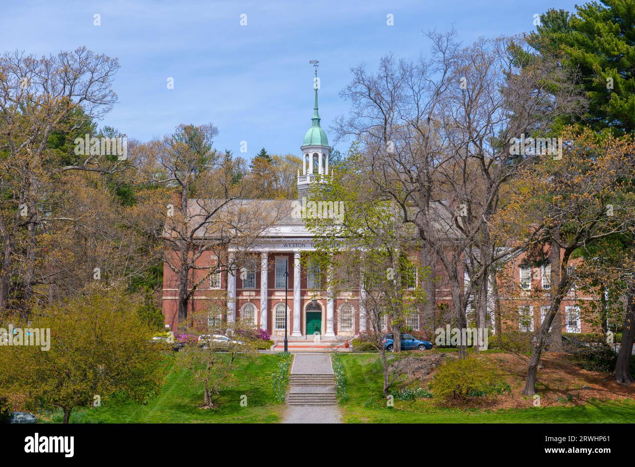 Weston Town Hall at Lanson Park in spring in historic town center of ...