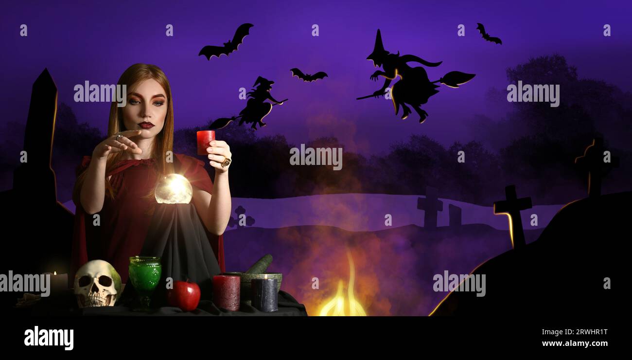 Witch performing ritual at night Stock Photo - Alamy