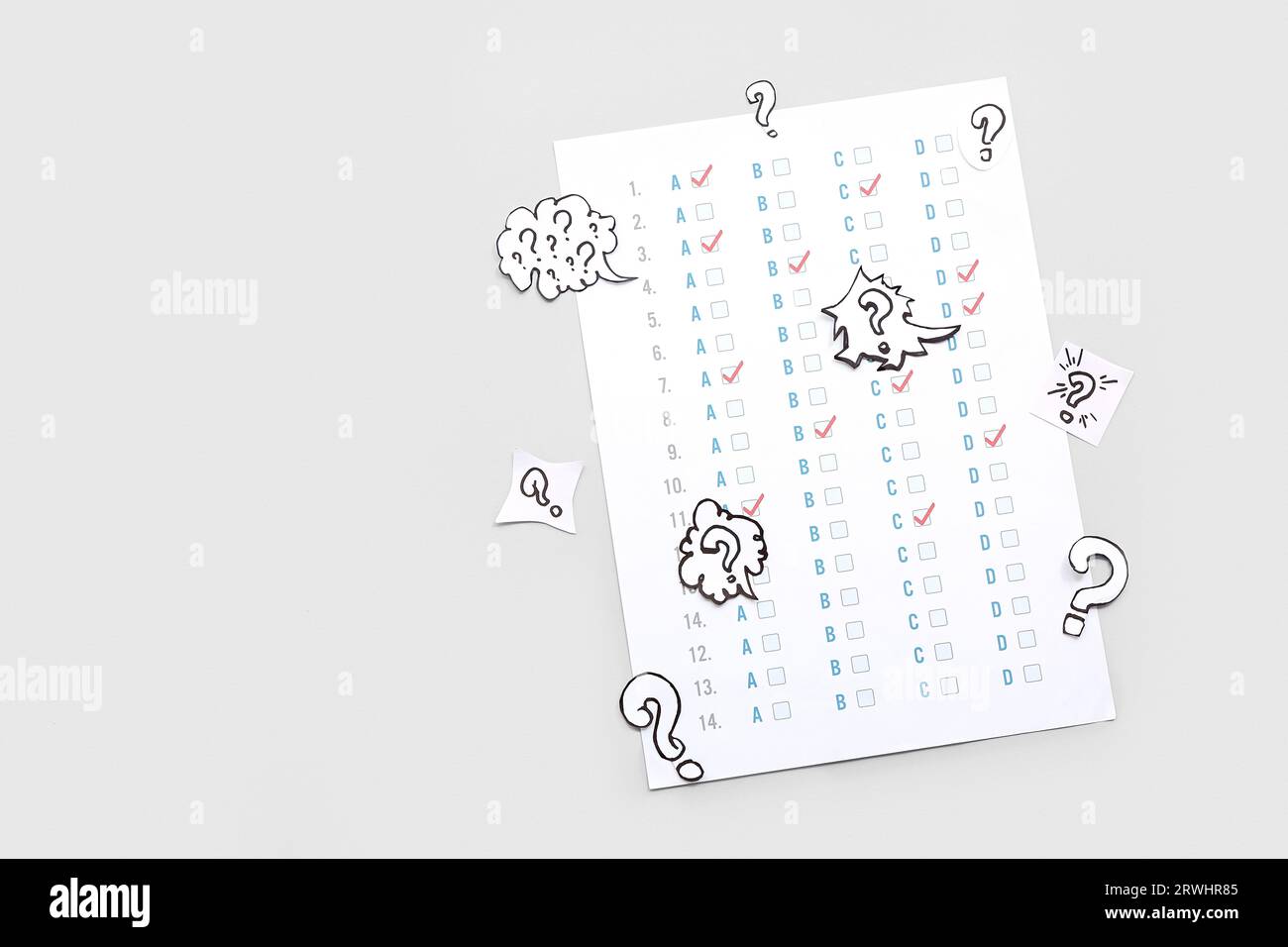 Quiz form with different question marks on white background Stock Photo ...