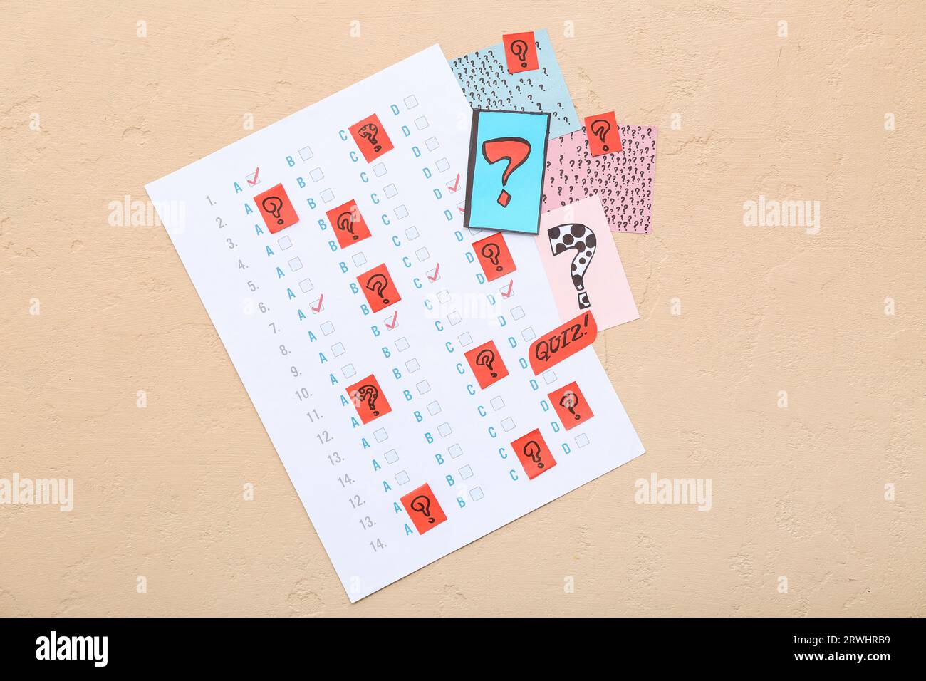 Quiz form and cards with questions marks on beige background Stock ...