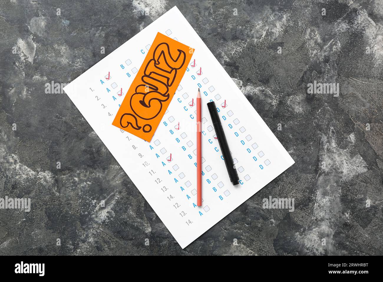 Quiz form with card, marker and pencil on grunge black background Stock ...