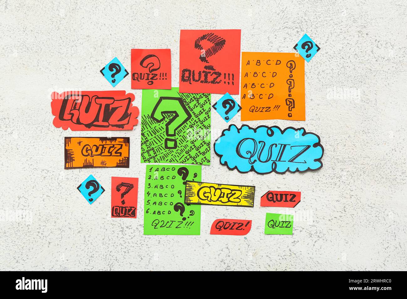 Paper quiz cards with question marks on grunge white background Stock ...