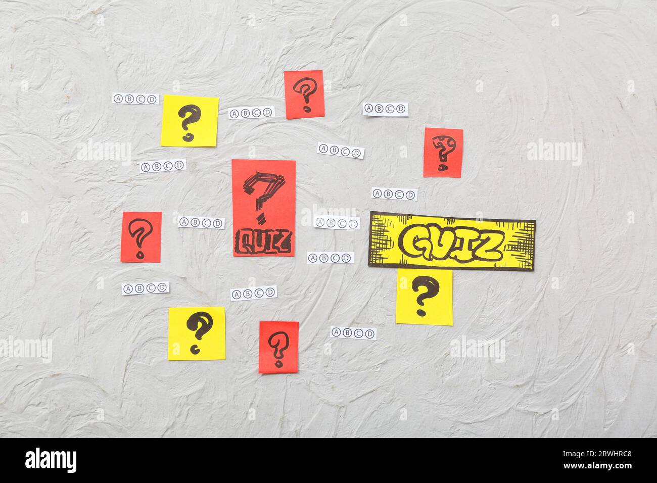 Quiz form and cards with question marks on grunge white background ...