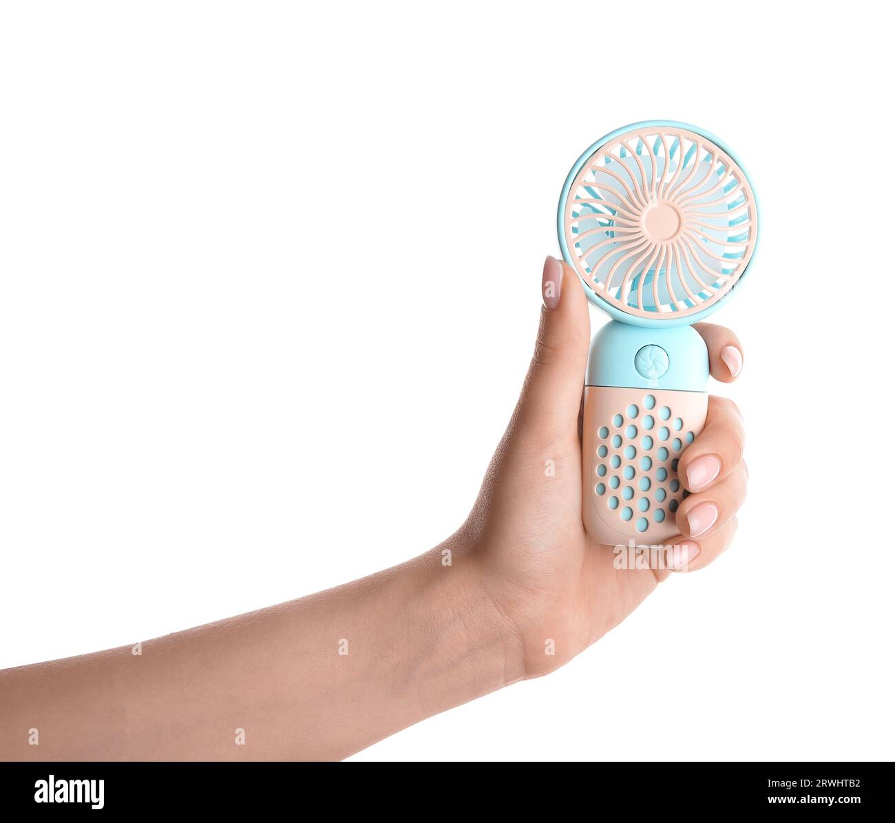Female hand with mini electric fan on white background Stock Photo - Alamy