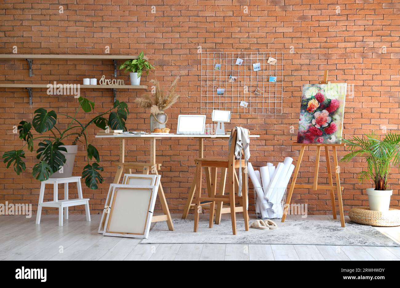 Interior of studio with artist's workplace and drawing supplies Stock ...