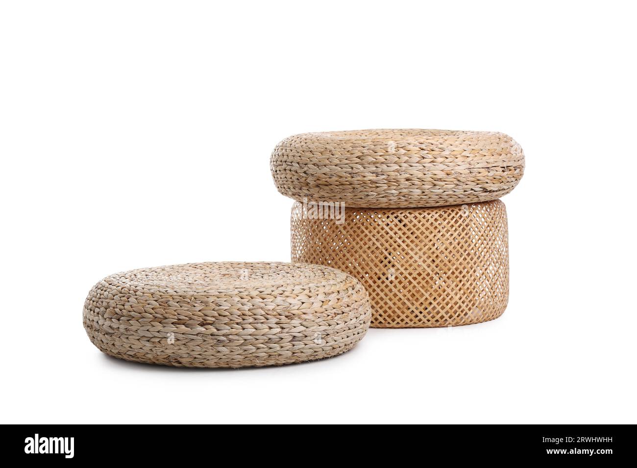 Wicker poufs isolated on white background Stock Photo - Alamy