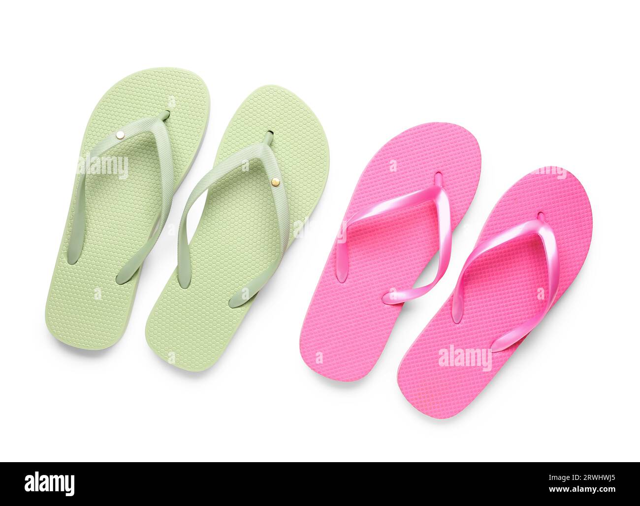 Colorful pairs of female flip flops on white background Stock Photo - Alamy