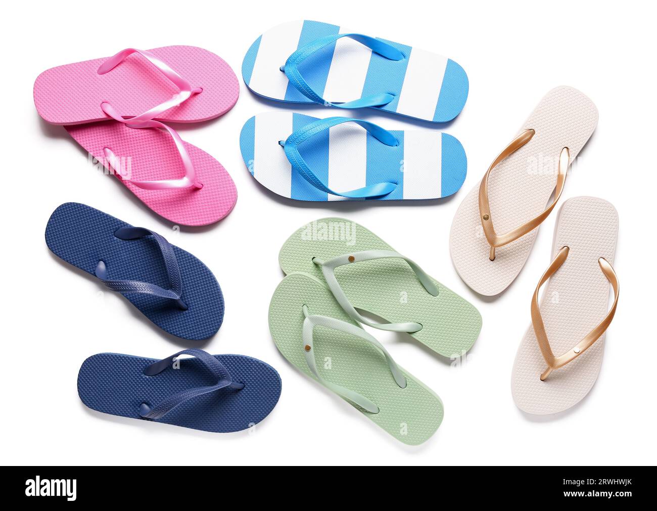 Colorful pairs of female flip flops on white background Stock Photo - Alamy
