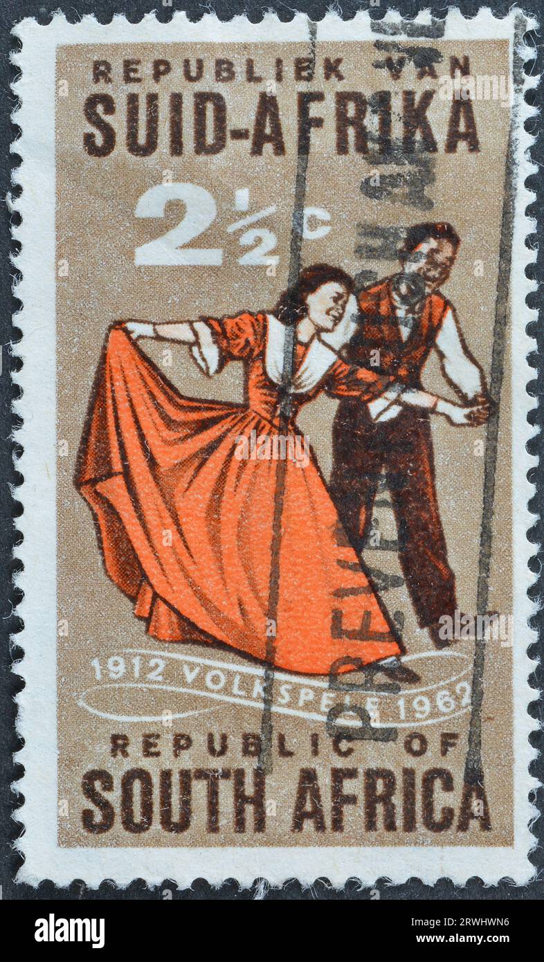 Cancelled postage stamp printed by South Africa, that shows Dance, 50th ...