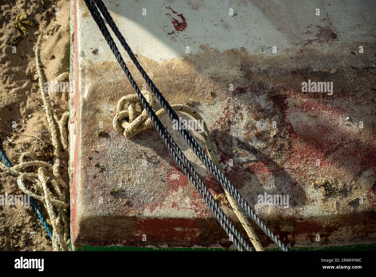 Detail of part of a boat docked on the beach sand. Sea transport Stock ...