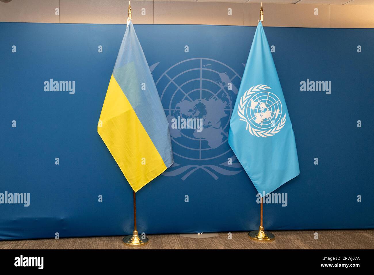Ukrainian and UN flags seen before the Secretary-General Antonio ...