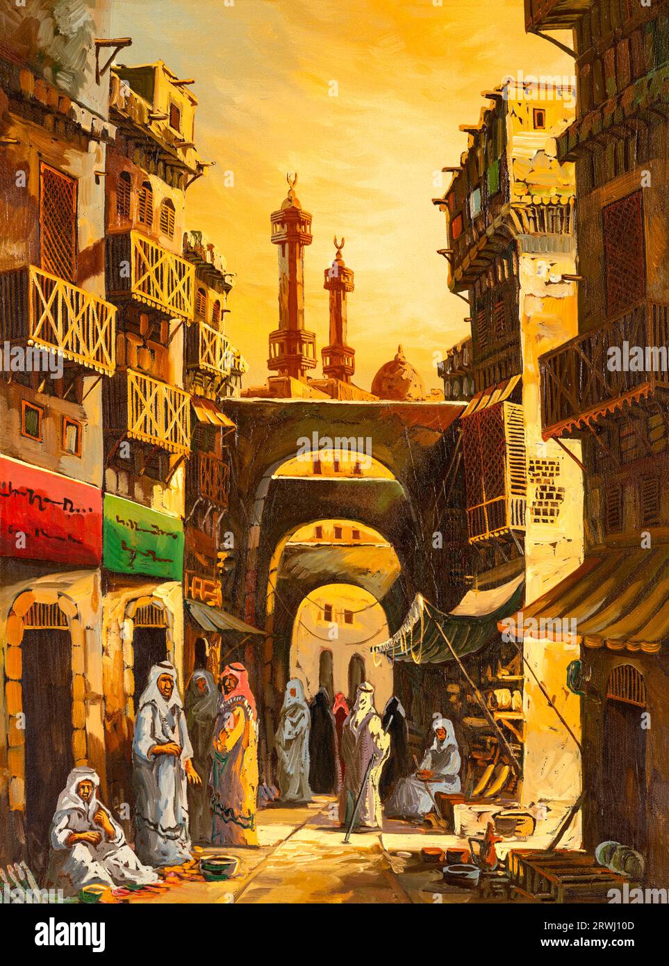 Vintage oil painting depicting an ancient Middle Eastern marketplace ...