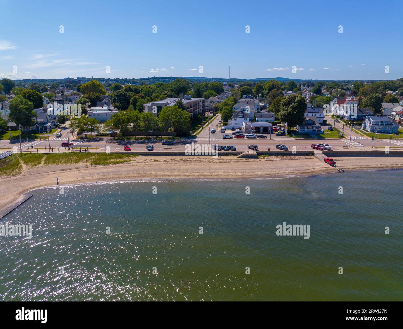 Wollaston Beach aerial view and Quincy Shore Drive next to the beach in ...