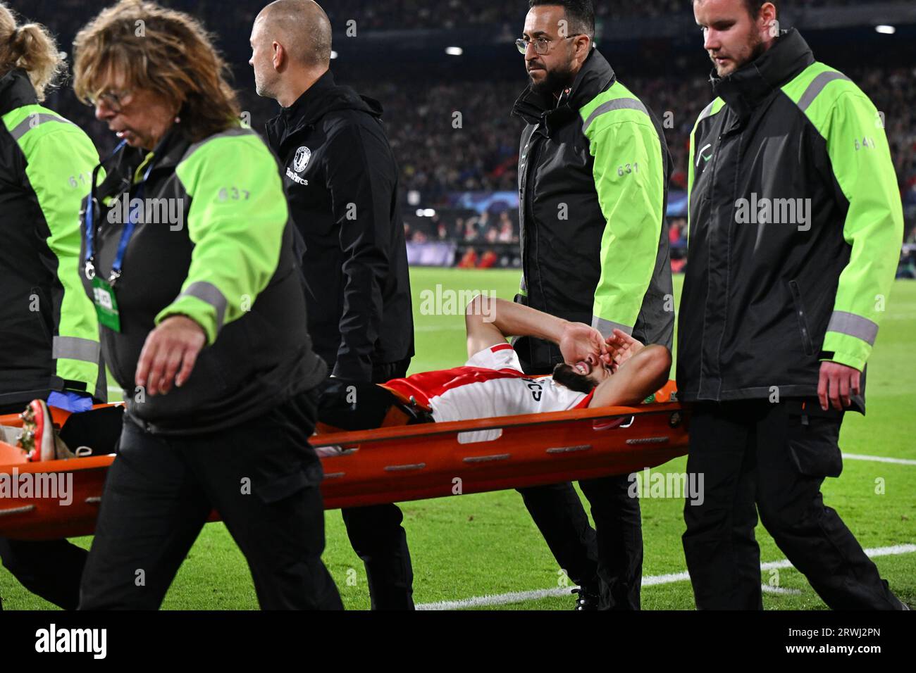 ROTTERDAM - Luka Ivanusec of Feyenoord is injured in a duel with Tomoki ...