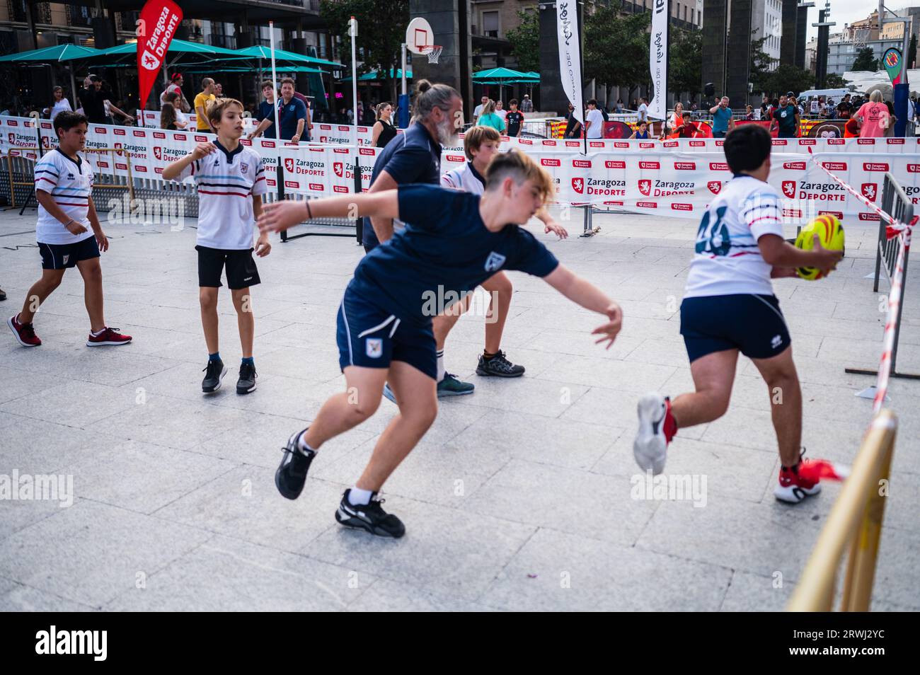 Kids trying rugby during Sports Day multi-sports street event in Plaza ...