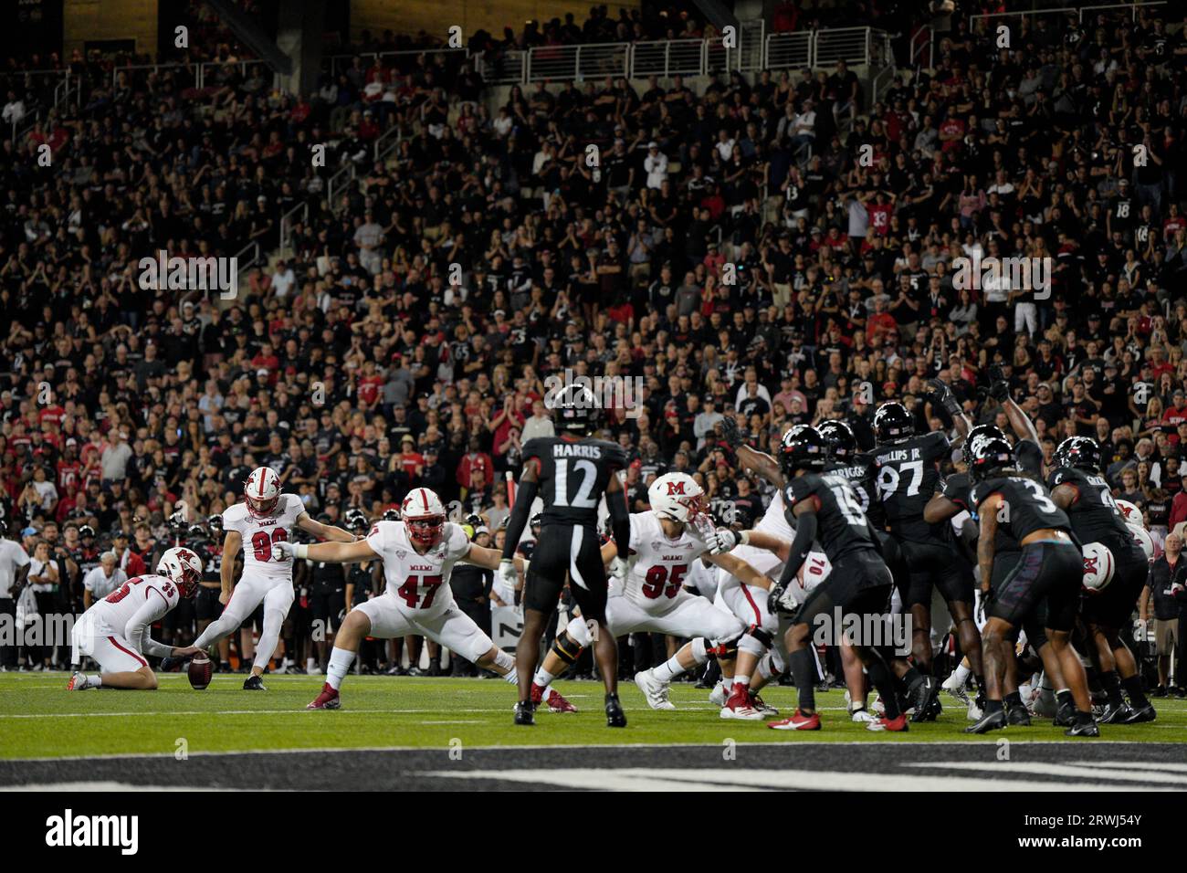 Miami (Ohio) kicker Graham Nicholson (98) kicks a field goal during an ...