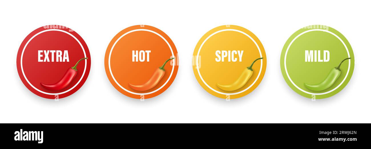 Realistic Vector Round Stickers with Spicy Chili Pepper Levels. Red ...
