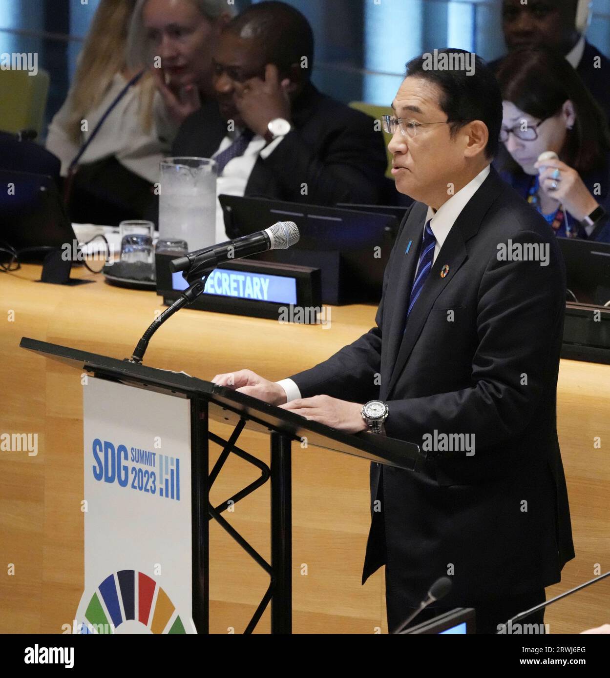 Japanese Prime Minister Fumio Kishida delivers a speech during the United Nations 2023 SDG ...