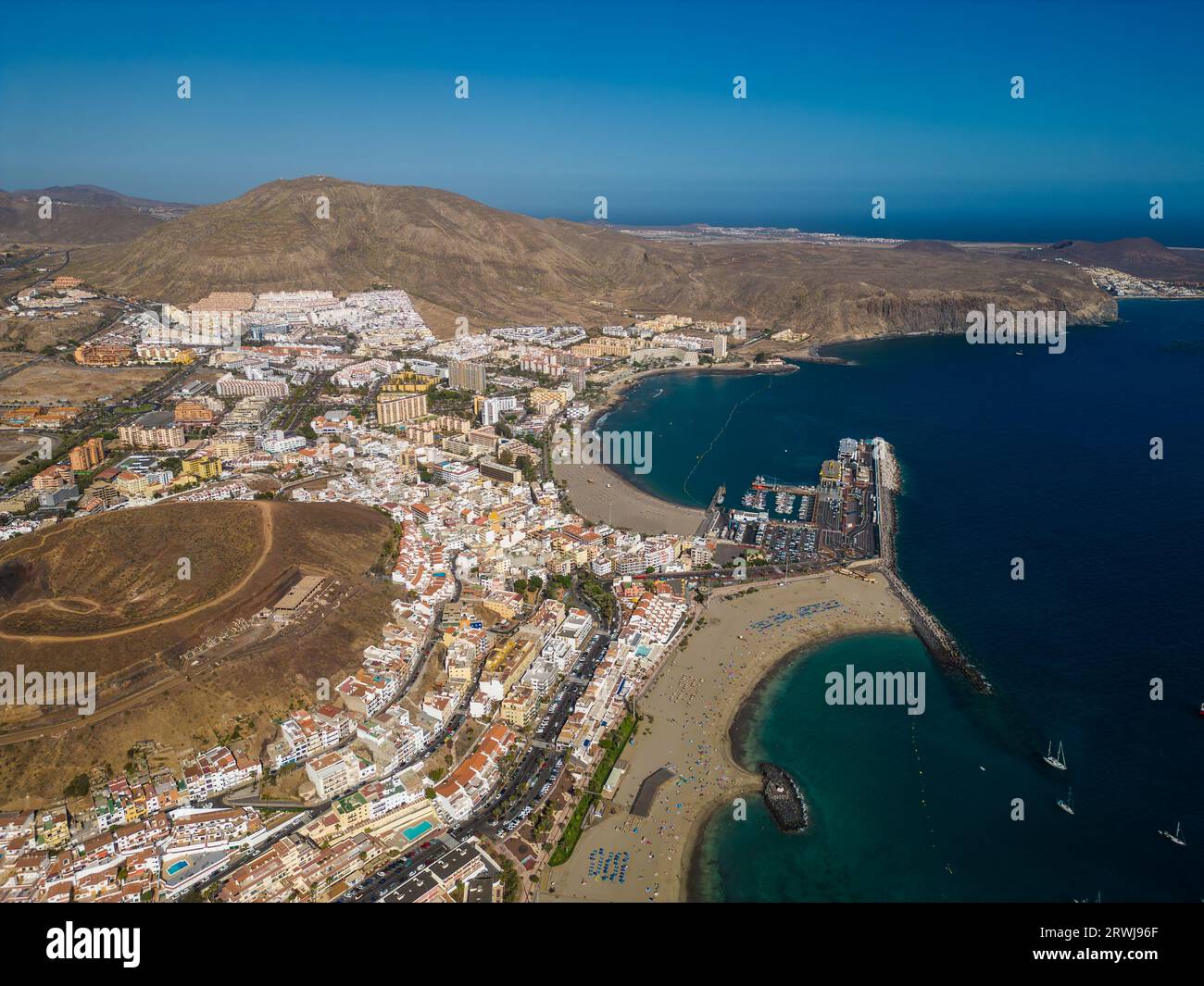 ocean bay with blue water, coast line with hotels and resorts, Tenerife ...