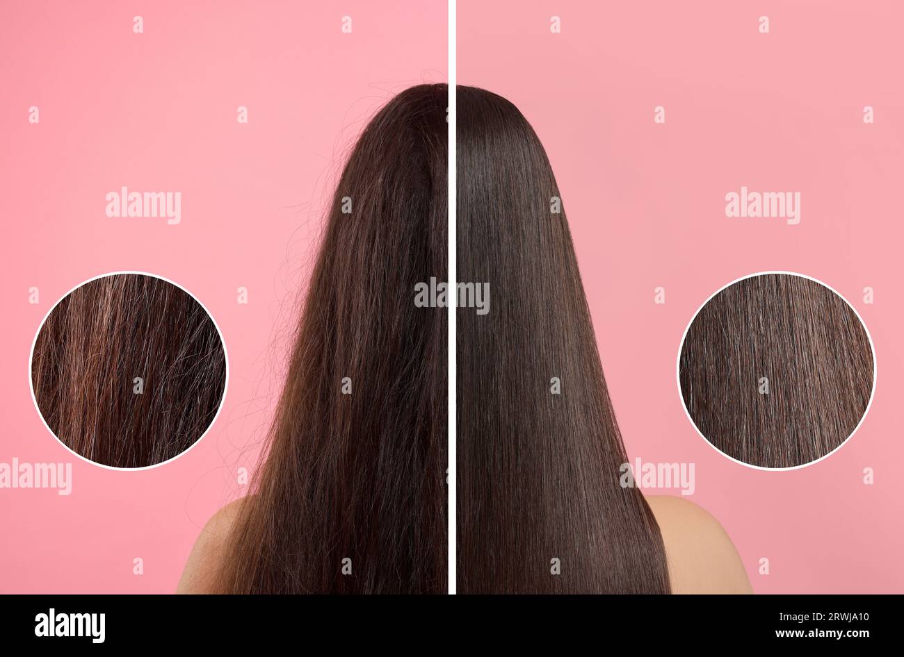Photo of woman divided into halves before and after hair treatment on ...